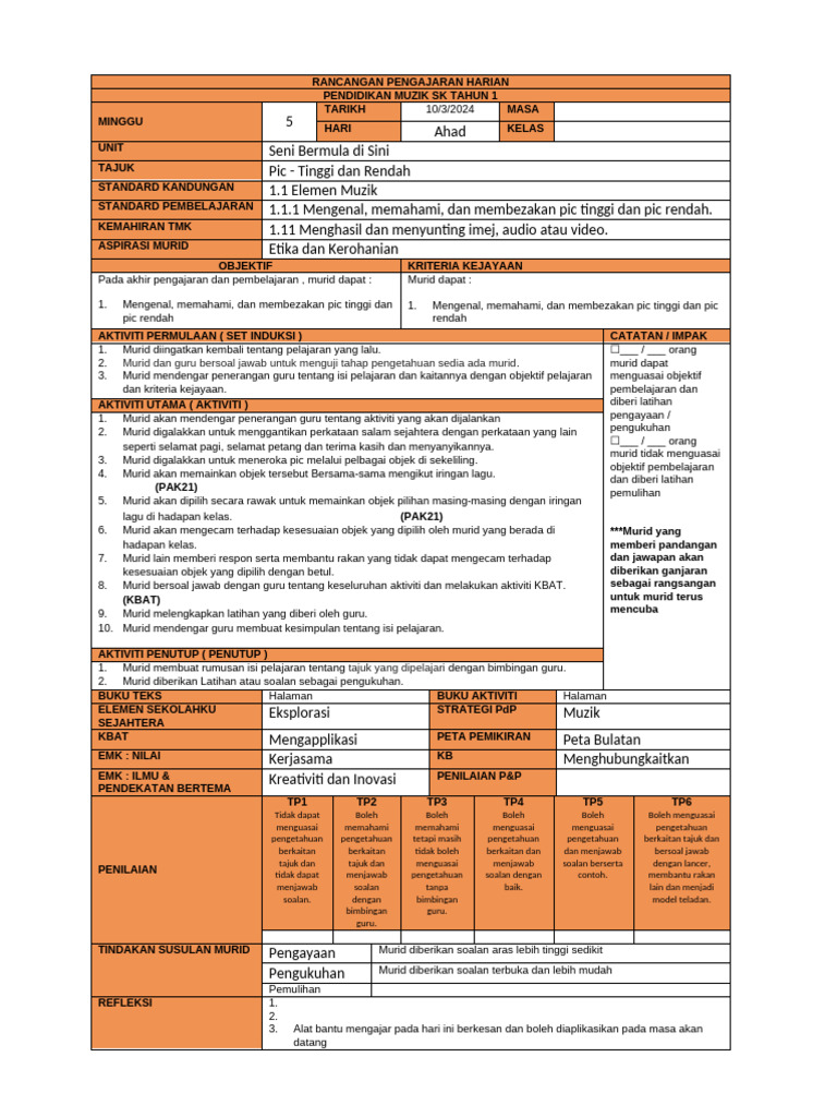 M5 RPH Pendidikan Muzik THN 1 2024-2025 | PDF