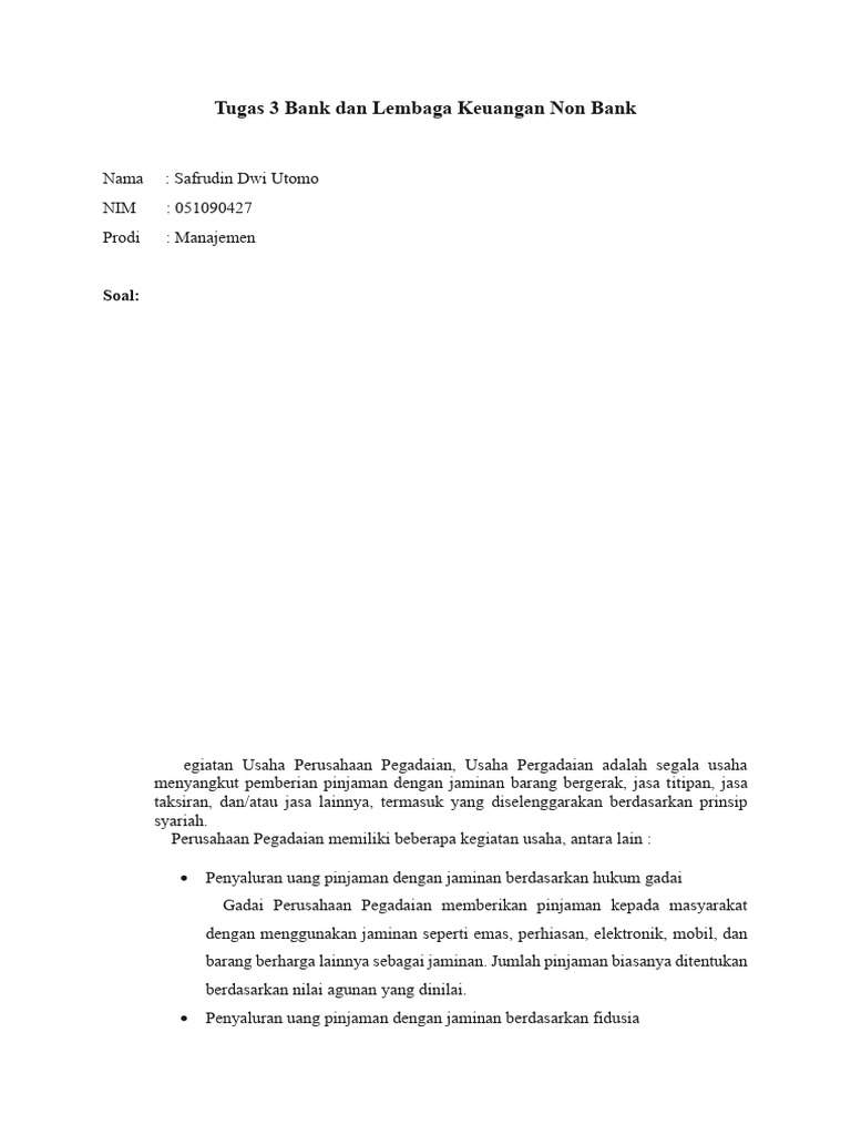 Tugas 3 Bank Dan Lembaga Keuangan Non Bank - Dwi | PDF | Bisnis | Hukum