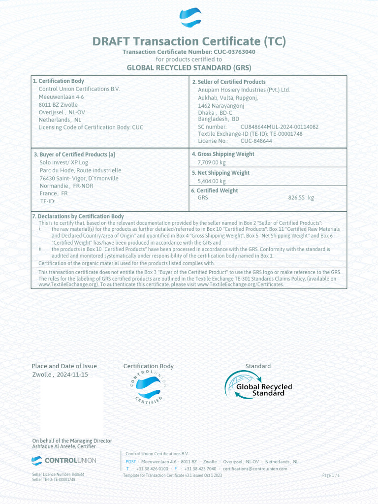 DRAFT Transaction Certificate (TC) : Global Recycled Standard (GRS) | PDF | Materials