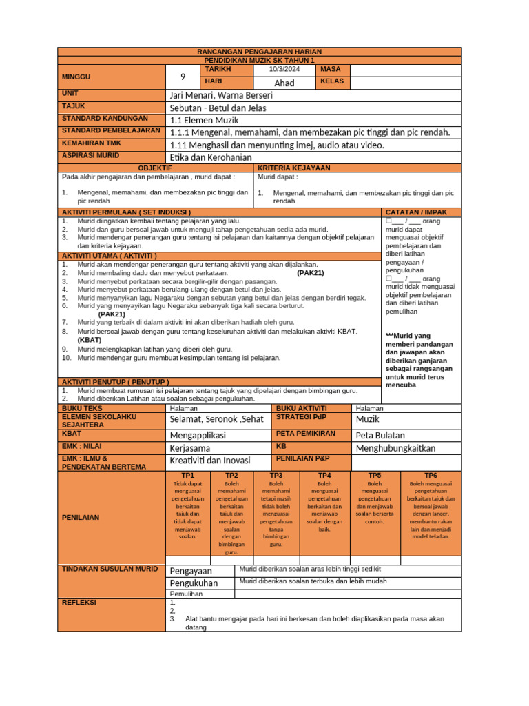 M9 RPH Pendidikan Muzik THN 1 2024-2025 | PDF