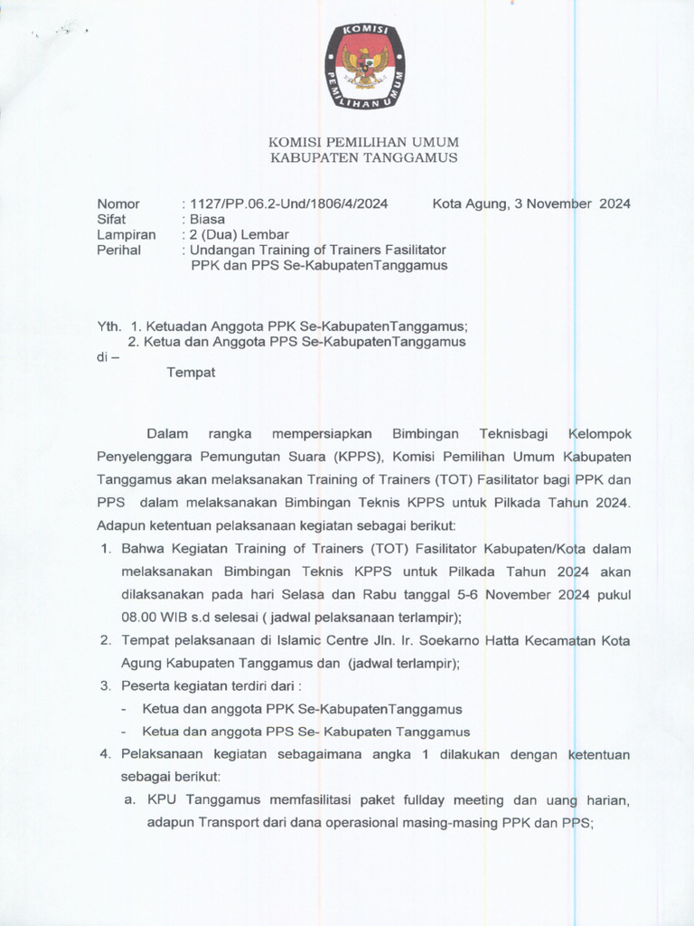 Undangan Tot Fasilitator PPK Dan PPS Pilkada 2024 | PDF