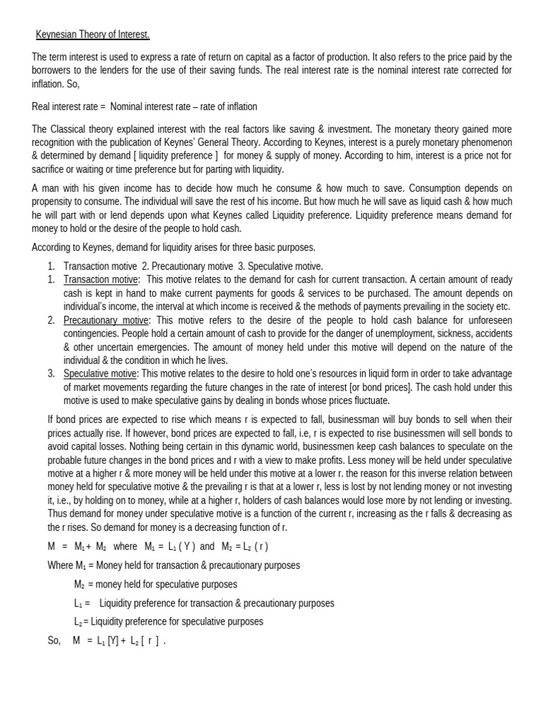 Keynesian Theory of Interest. | PDF | Interest | Demand For Money