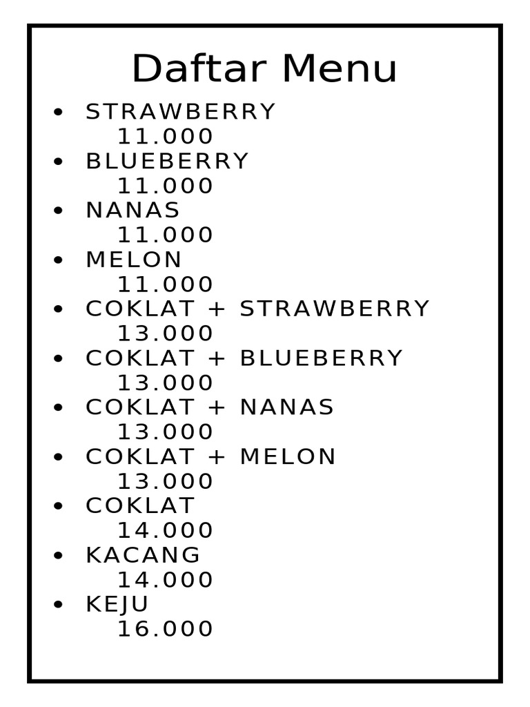 Daftar Menu Roti Bakar Wa Nia Nu Amoorea | PDF | Cocina, comidas y vino