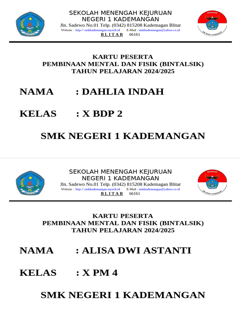 ID Card Peserta SMKN KADEMANGAN | PDF