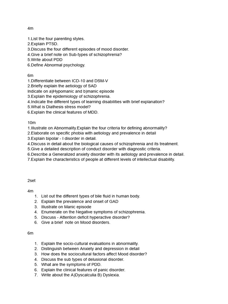 Abnormal Psychology Important Questions | PDF | Mental Disorder | Mood ...