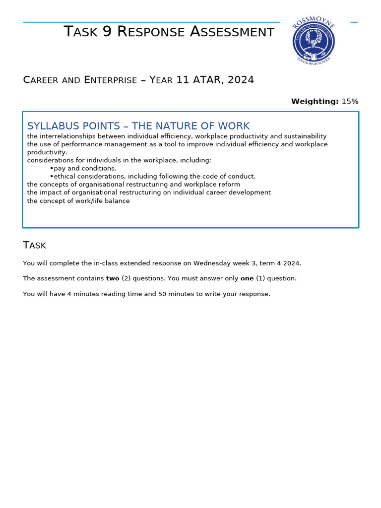 Task 9 Response Task Sheet | PDF