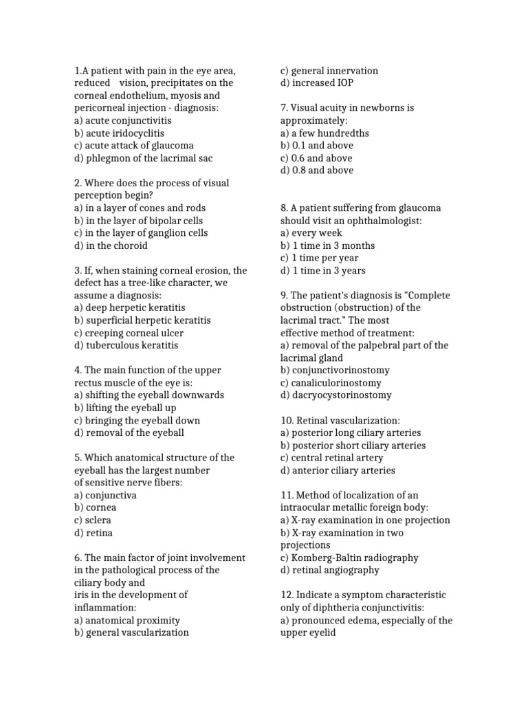 Ophthalmology Quiz for Students | PDF | Glaucoma | Retina