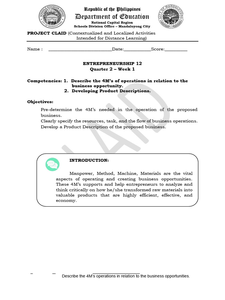 Entrepreneurship Q2 W1 | PDF | Entrepreneurship