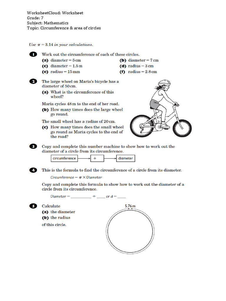 WSC Grade 7 Mathematics Circumference Area Circles WS | PDF | Teaching ...