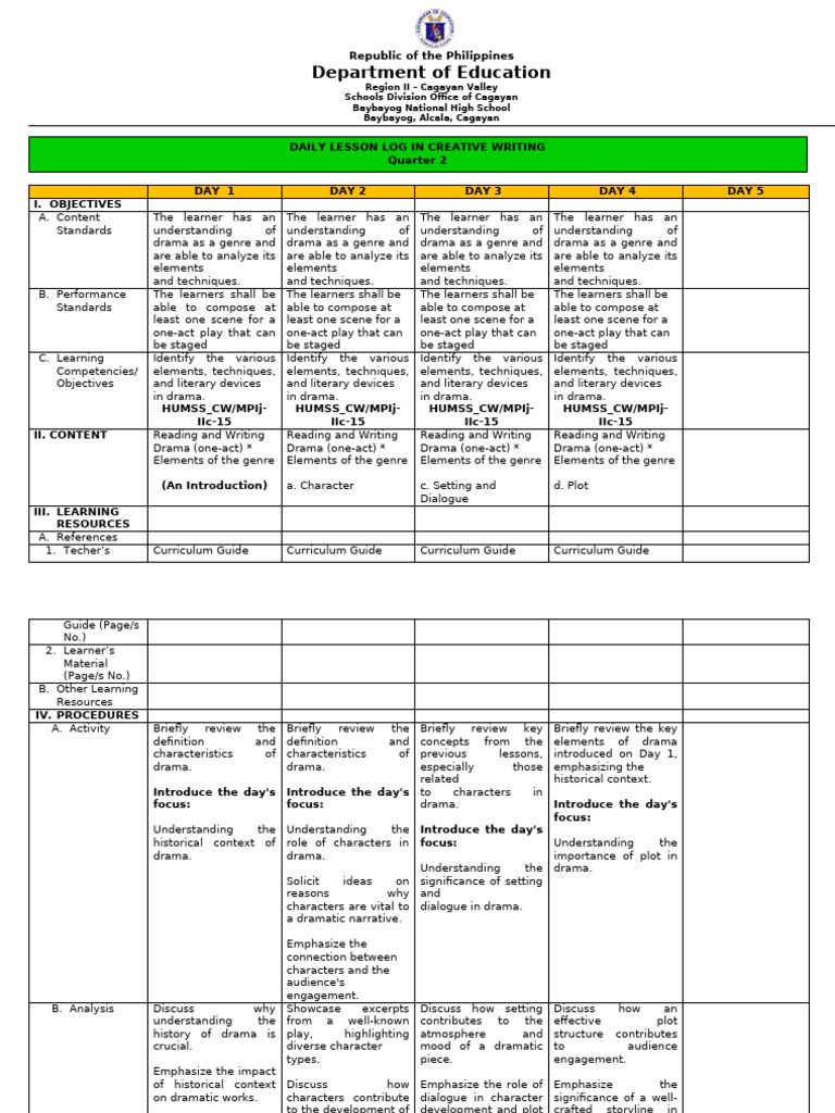 DLL Creative Writing - Elements of Drama | PDF | Plot (Narrative ...