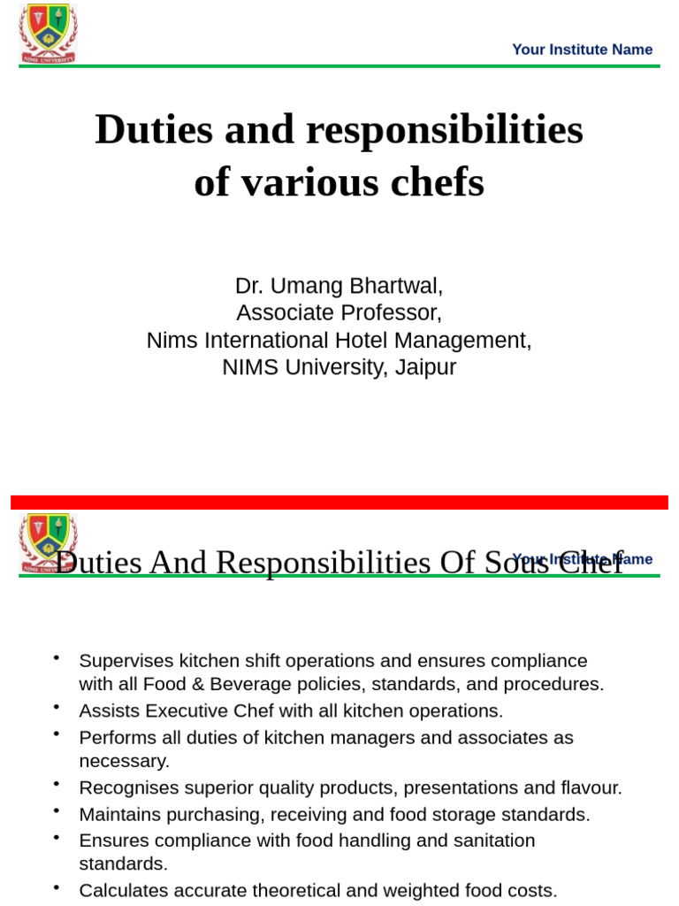 Duties and Responsibilities of Various Chefs | PDF | Chef | Entrée