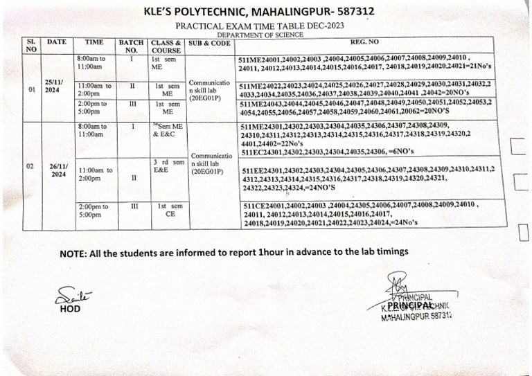 Eng Time Table - 1 | PDF