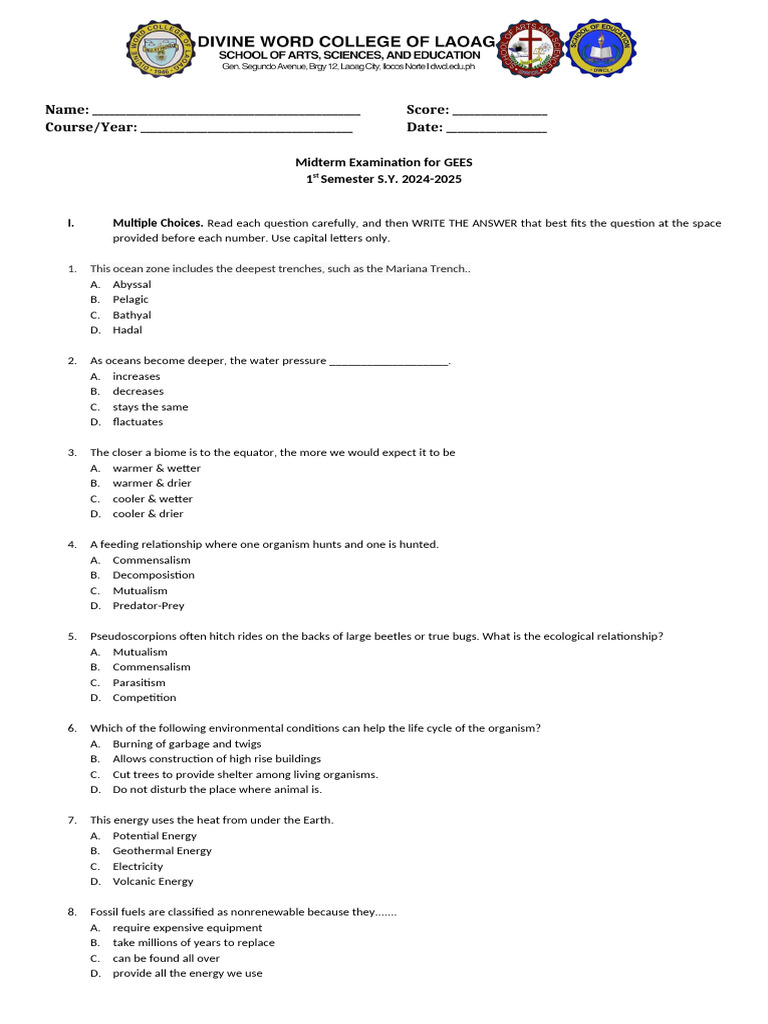 GEES Midterm Exam 2024-2025 | PDF | Natural Environment | Oceans