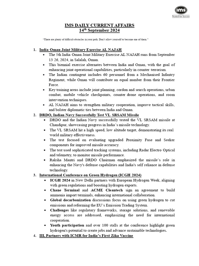 Daily Current Affairs 14th September | PDF | Vaccines | Zika Virus