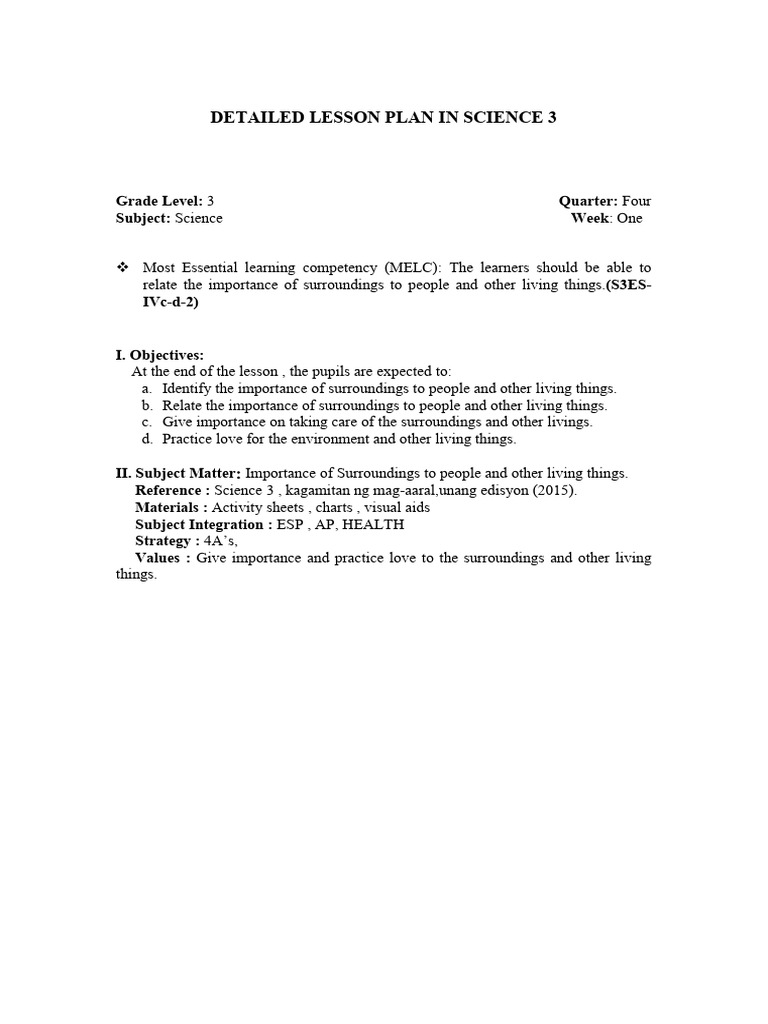 Importance of Surroundings in Grade 3 Science | PDF | Lesson Plan | Plants
