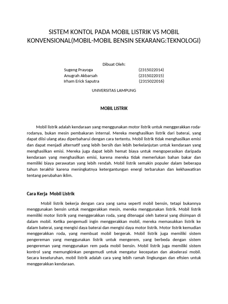 Perbandingan Sistem Mobil Listrik dan Bensin | PDF