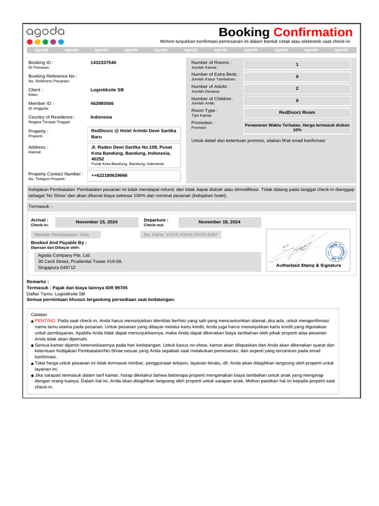 Confirmation For Booking ID # 1432337540 | PDF