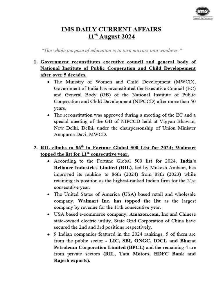 August 2024 Current Affairs Highlights | PDF | Politics | Social Science