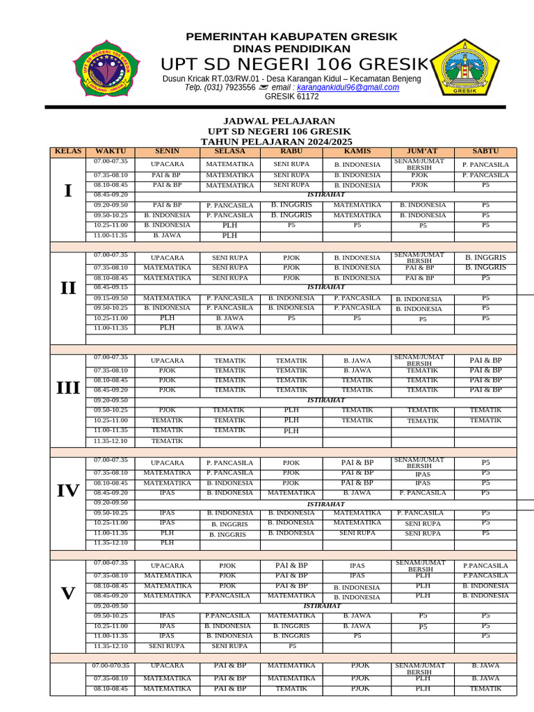 Jadwal Pelajaran Tapel 2024-2025 - Upt SDN 106 Gresik | PDF