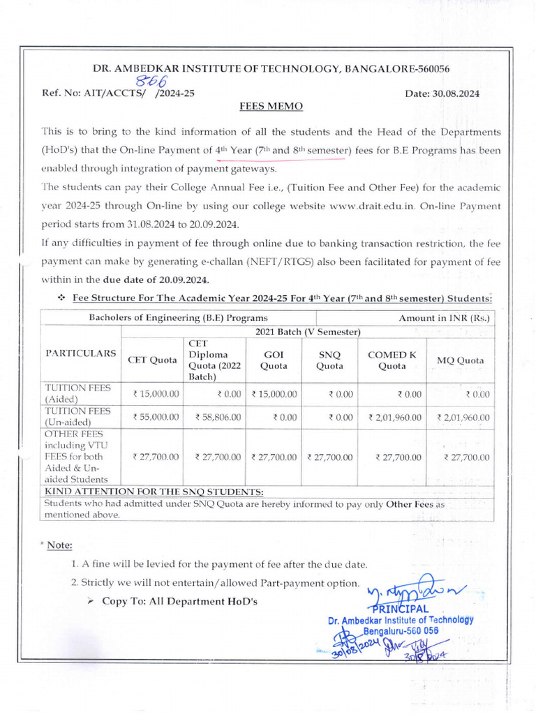 Higher Sem Fees Memo | PDF