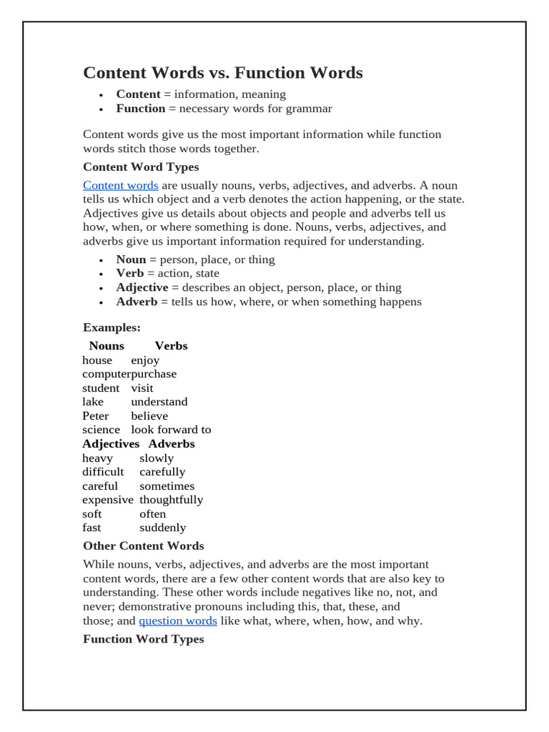 content words and function words | PDF | Adverb | Verb