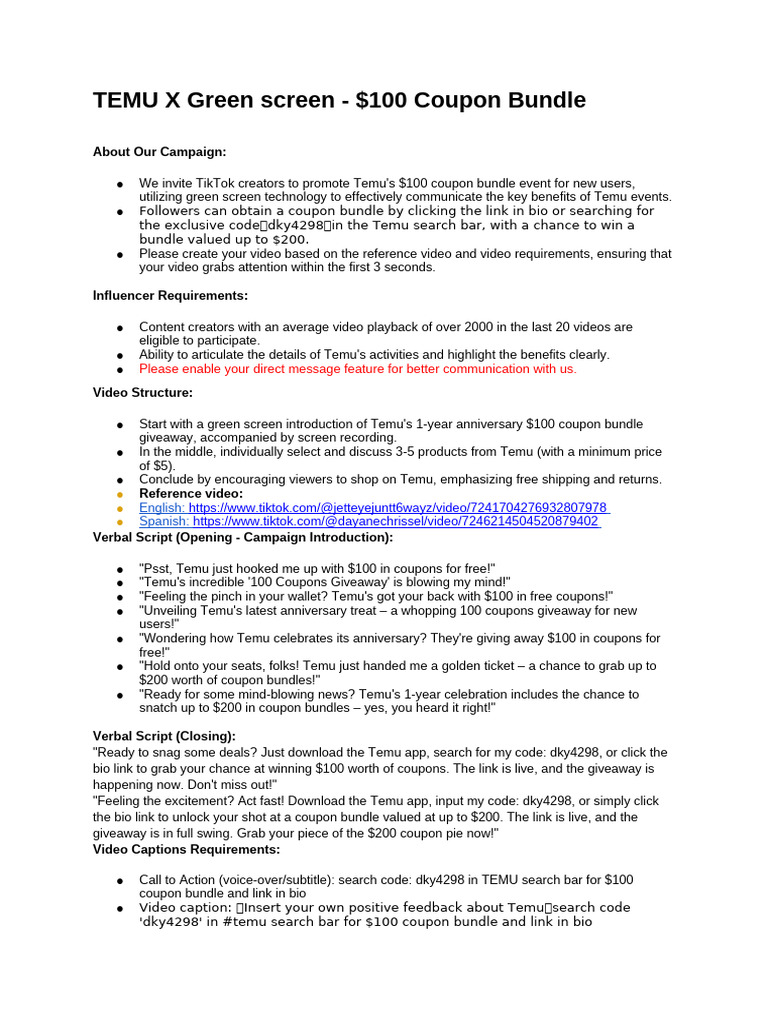 TEMU X Green Screen - $100 Coupon Bundle | PDF