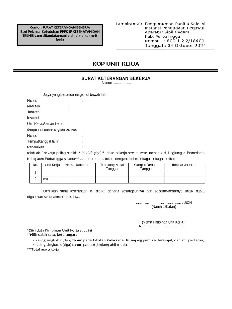 Lampiran V Lampiran Iv Template Surat Keterangan Kerja Untuk Nakes & Teknis PPPK 2024 ...