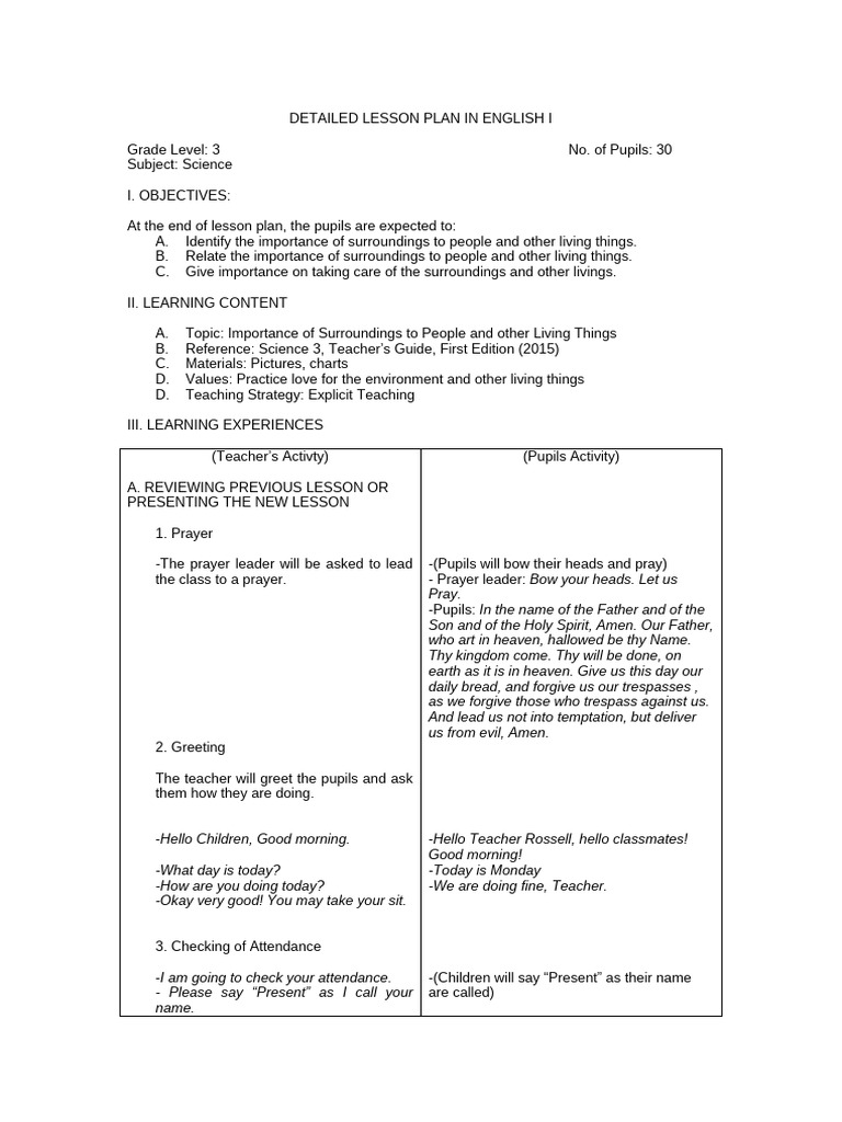 Detailed Lesson Plan in Science and Health 3 | PDF | Lord's Prayer ...