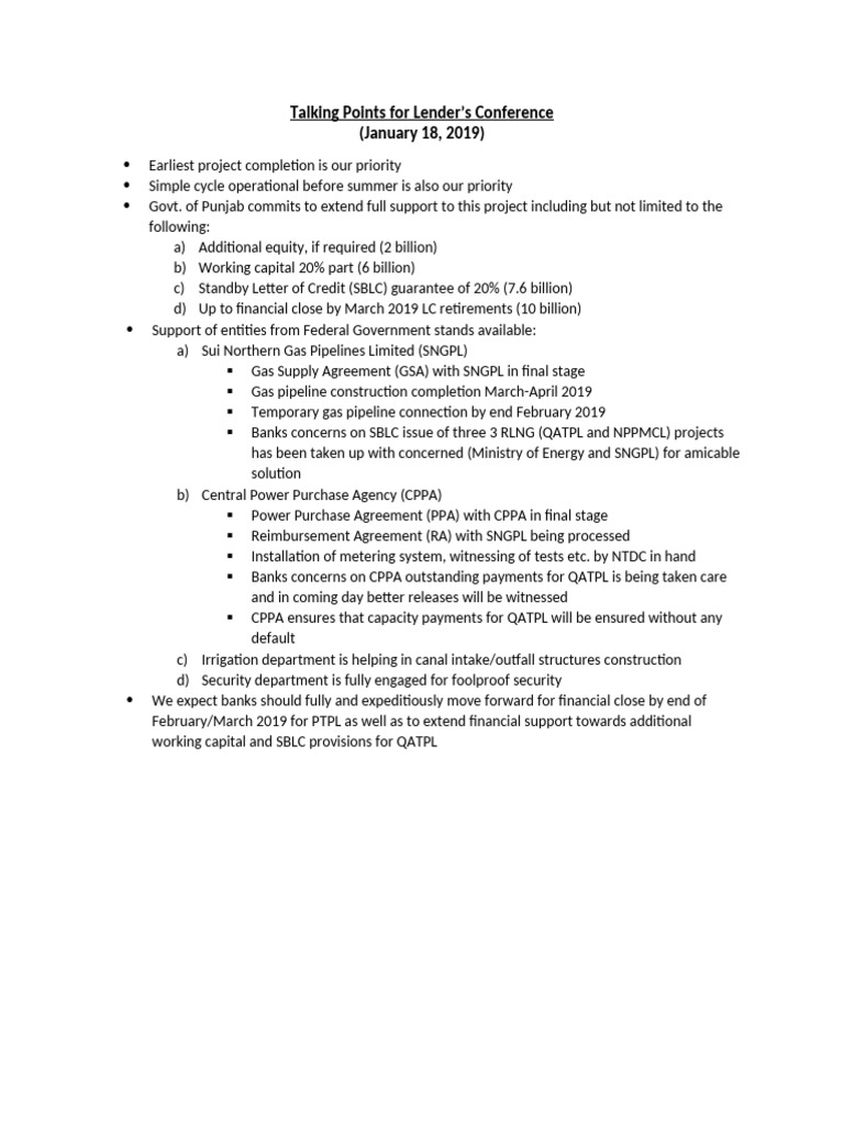 Talking Points For Lender's Conference - 18012019 | PDF | Finance ...