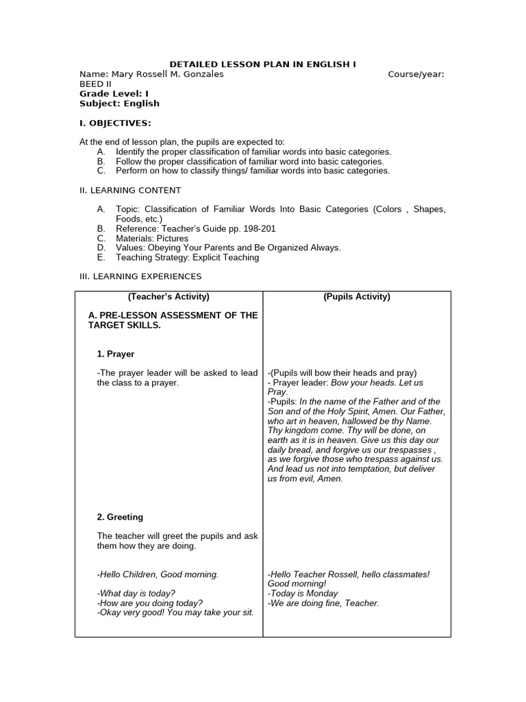 Detailed Lesson Plan in English I | PDF | Lord's Prayer | Lesson Plan