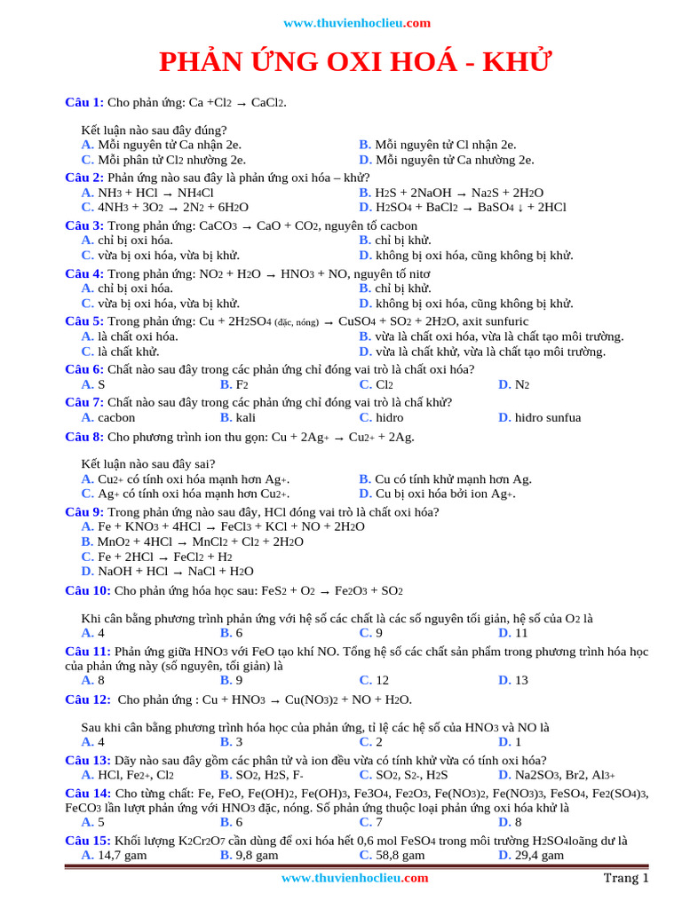 Bai Tap PHAN UNG OXI HOA KHU Co Dap An | PDF