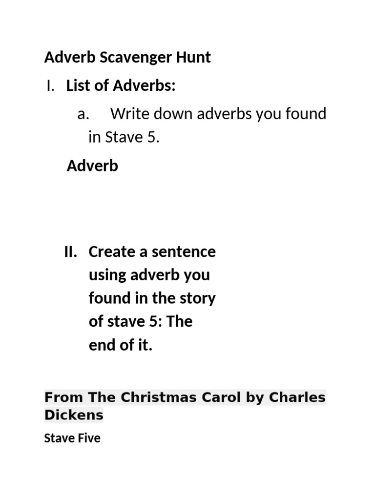 Adverb Scavenger Hunt in Stave 5 | PDF | Jacob Marley | Ebenezer Scrooge