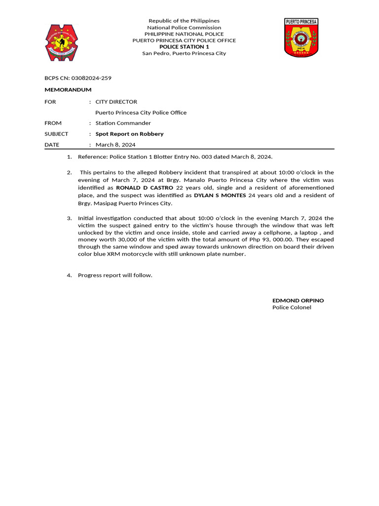 Case Folder Spot Report On Robbery Incident | PDF | Law Enforcement ...