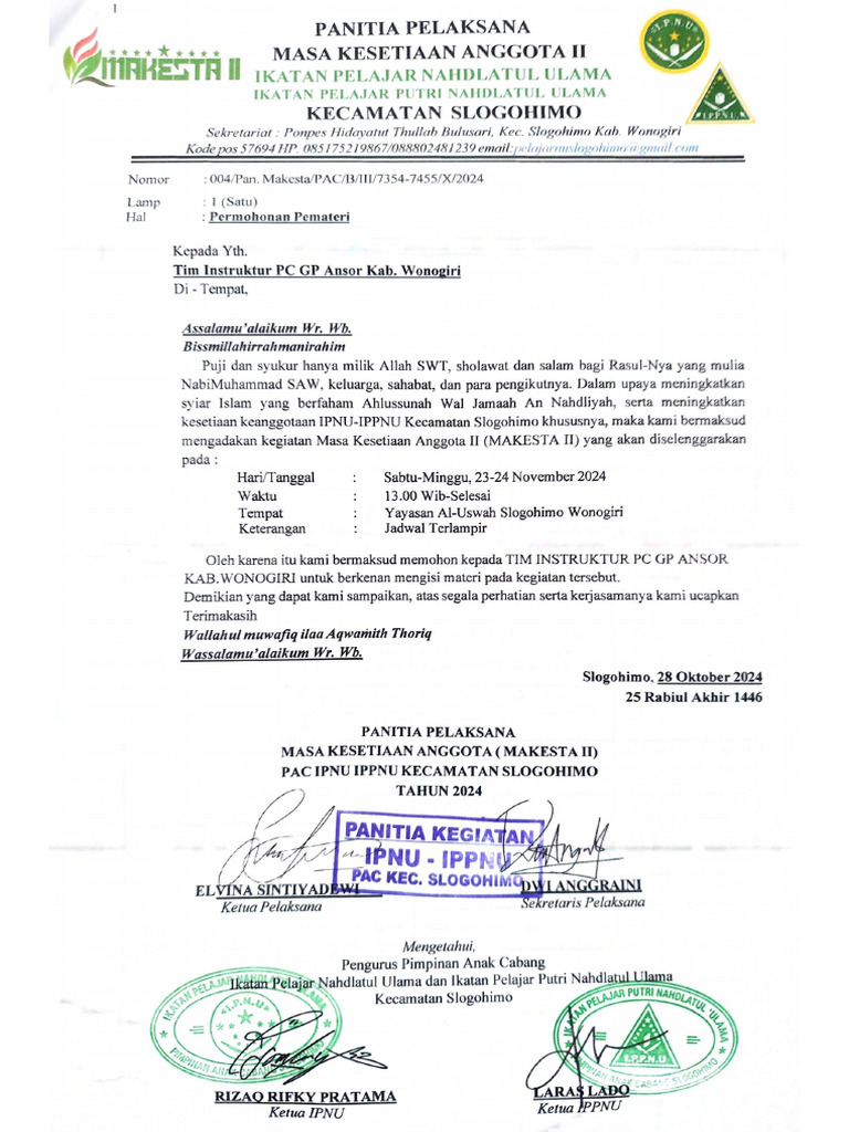 Permohonan Pemateri GP Ansor Makesta IPNU-NU-IPPNU Kecamatan Slogohimo | PDF