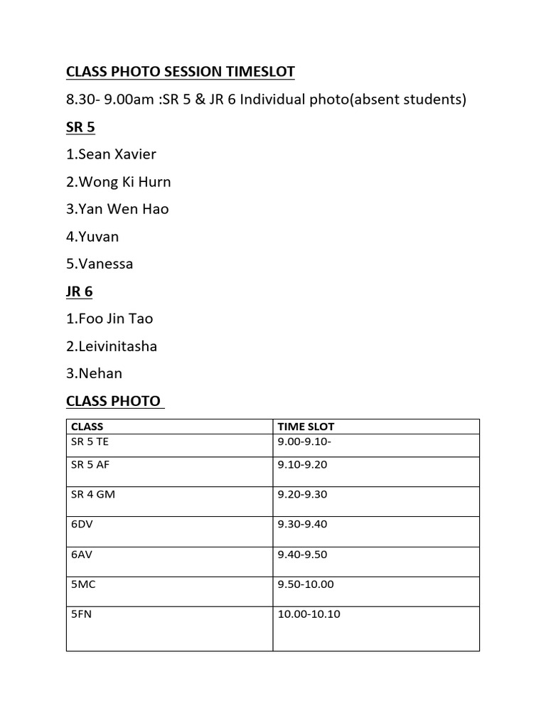 Class Photo Session Timeslot | PDF