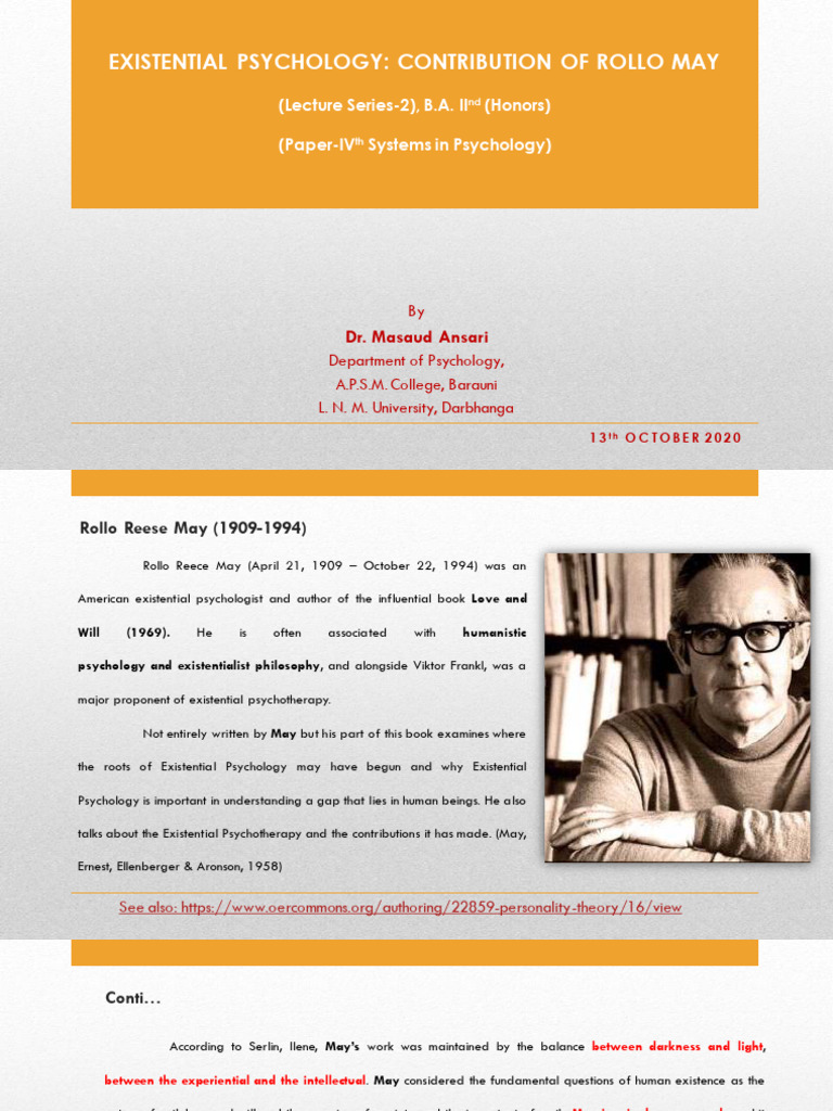 Existential Psychology: Contribution of Rollo May: (Lecture Series-2 ...