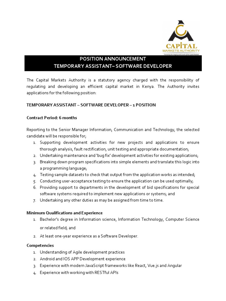 Advertisement Temporary Assistant Software Developer Nov 2024 | PDF | Software | Application ...