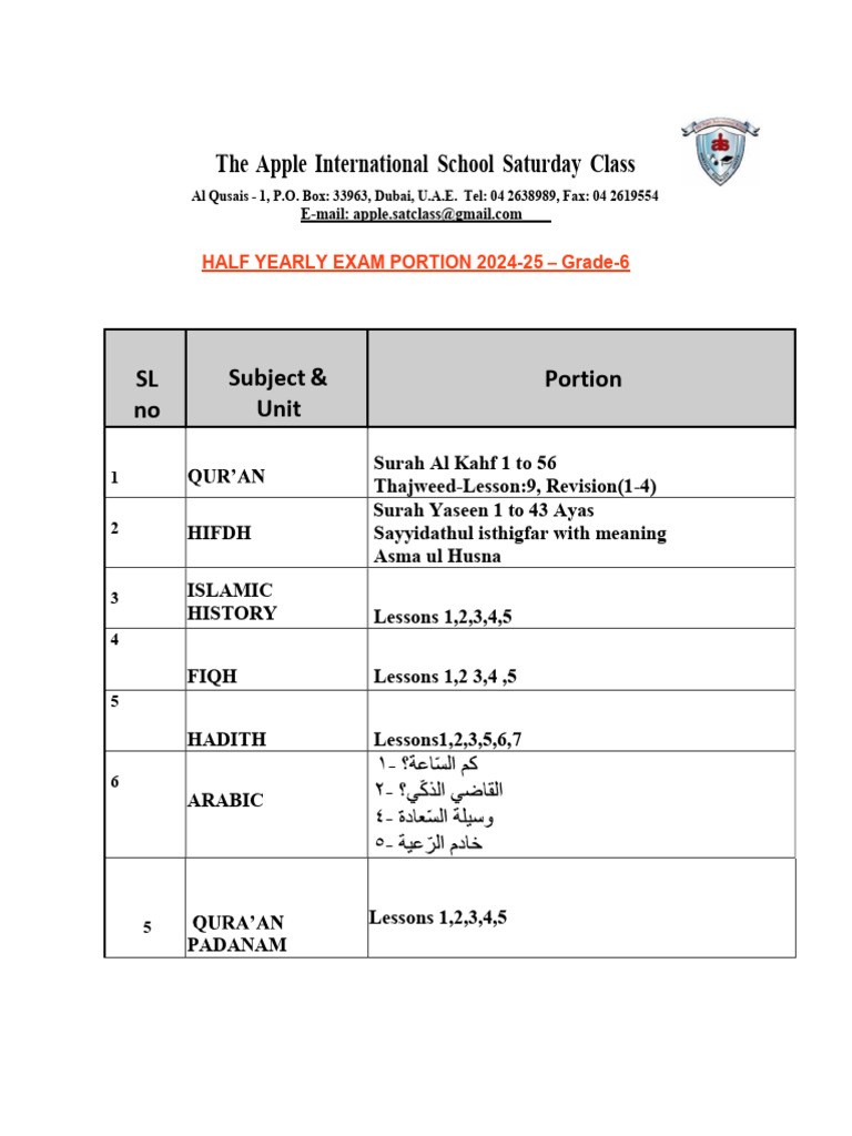 Grade 6 Half Yearly Exam Portion 2024 25 Pdf