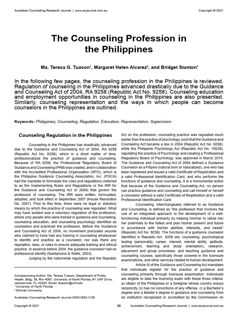 The Counseling Profession in The Philippines | PDF | Counseling ...