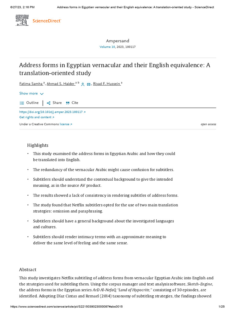 Address Forms in Egyptian Vernacular and Their English Equivalence - A ...