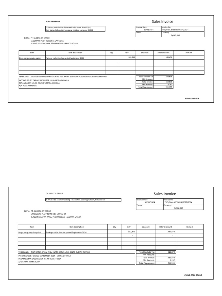September 2024 JFS J&T Cargo Invoices | PDF | Accounting | Business Documents