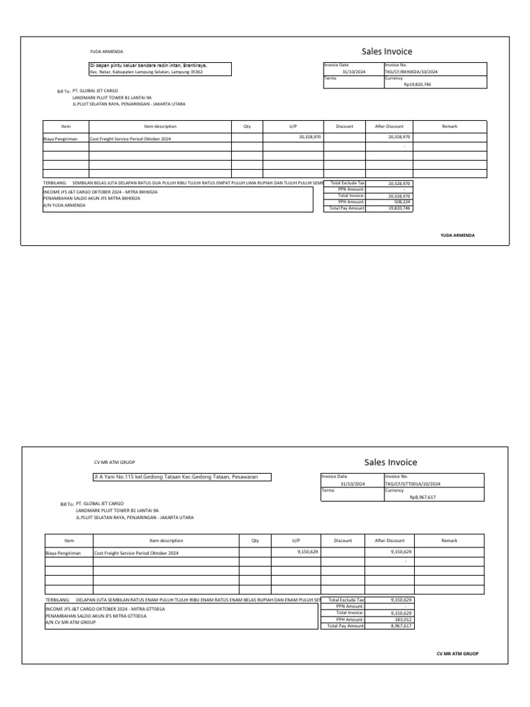 Rekap Invoice Mitra Oktober - Pak Chandra | PDF