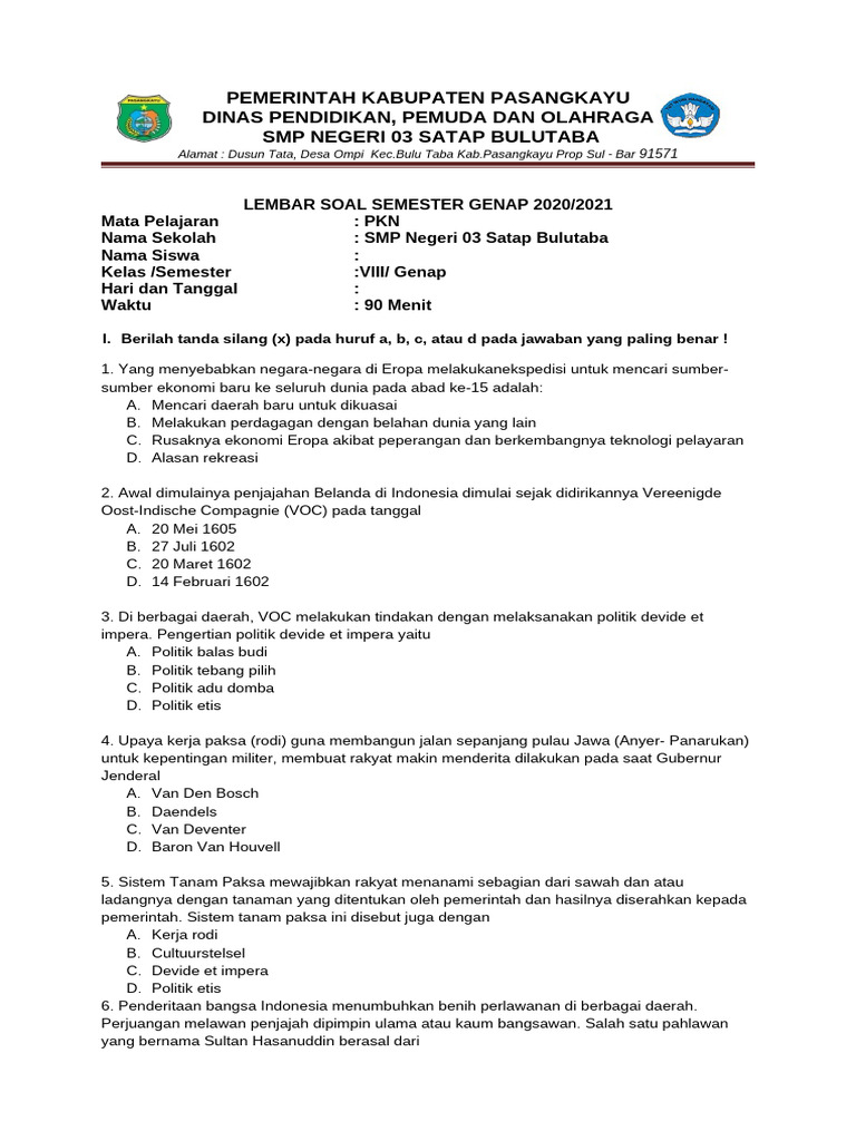 Soal PKN Semester Genap SMP 03 | PDF | Sejarah