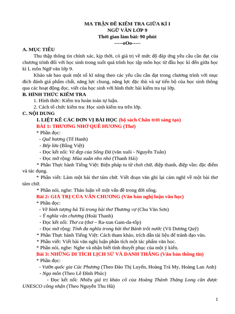 VĂN 9-MA TRẬN-ĐỀ-ĐÁP ÁN- KTGK 1-HC | PDF