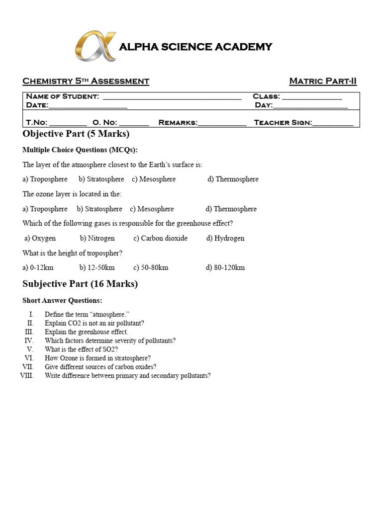 Chemistry Assessment: Atmosphere and Pollution | PDF | Science ...