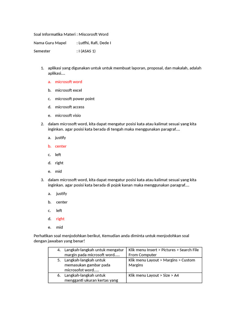 Soal Microsoft Word Semester 1 | PDF