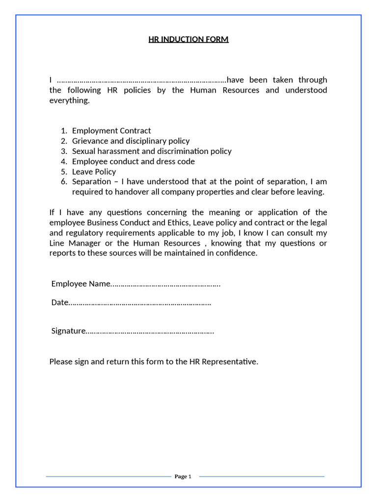 HR Induction Acknowledgment Form | PDF