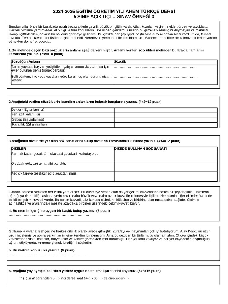 Ã Rnek 5.sinif Ahem Tã Rkã e Dersä° Aã Ik Uã Lu Sinav | PDF