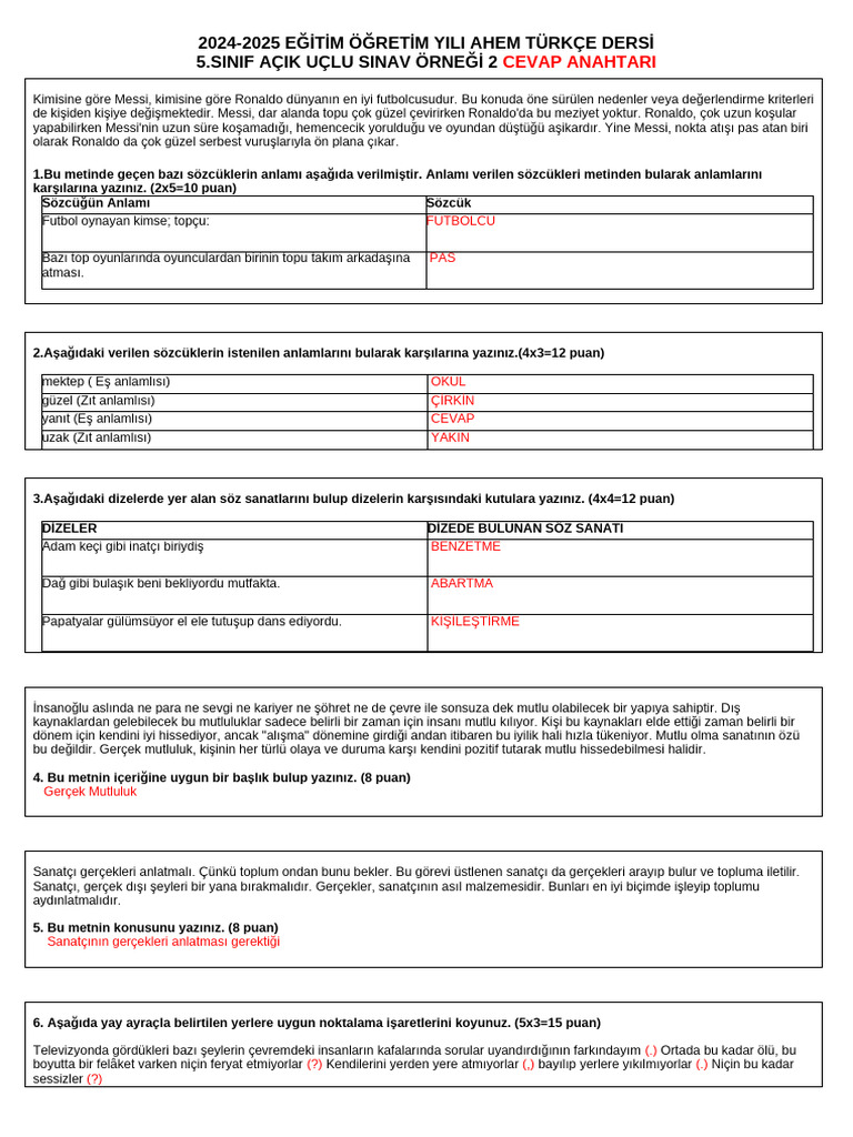 Ã Rnek 5.sinif Ahem Tã Rkã e Dersä° Aã Ik Uã Lu Sinav - Cevap Anahtari | PDF