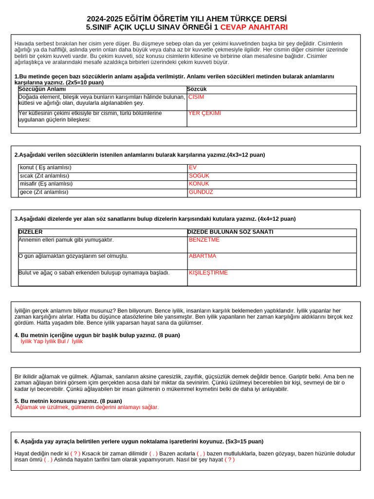 Ã Rnek 5.sinif Ahem Tã Rkã e Dersä° Aã Ik Uã Lu Sinav - Cevap Anahtari | PDF